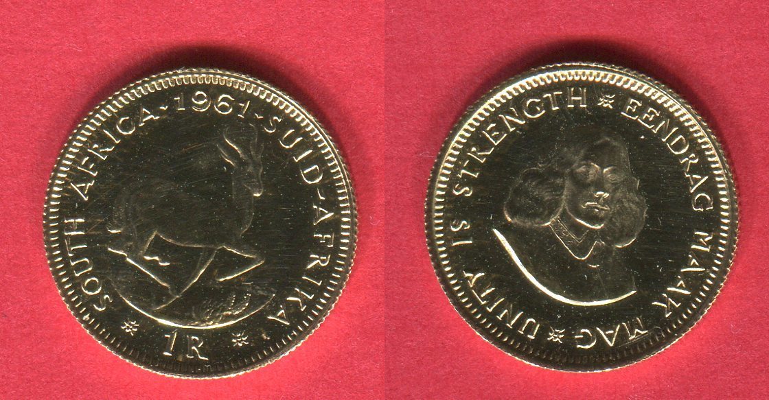 Südafrika 1 Rand 1961 Springbock Gold Kursmünze fast prägefrisch | MA-Shops