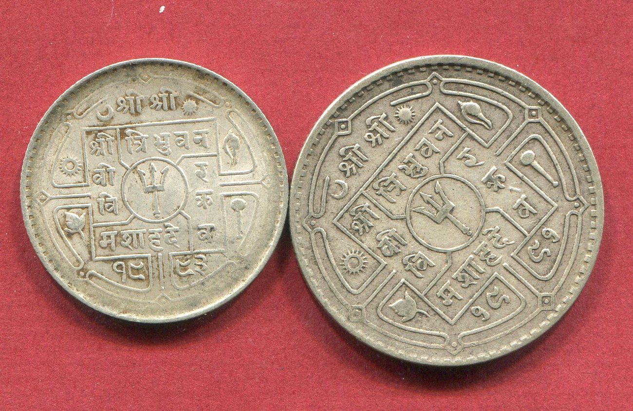 Nepal 50 Paisa 1 Rupee 1936, 1934 Rupee and 50 Paisas silver Lot siehe ...