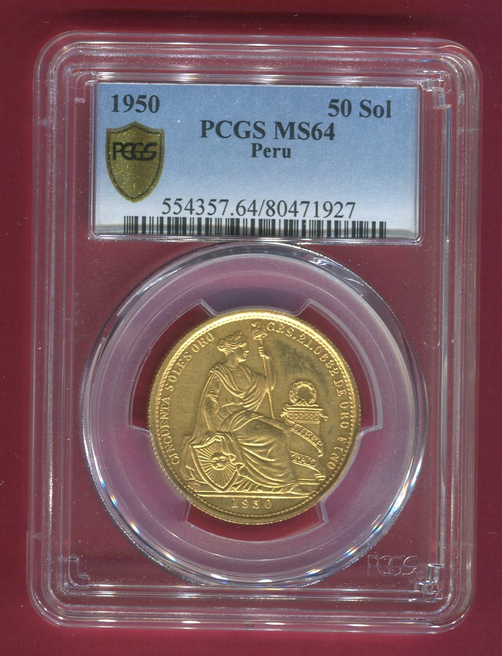 Peru 50 Soles Gold 1950 Lima PCGS MS 64 | MA-Shops