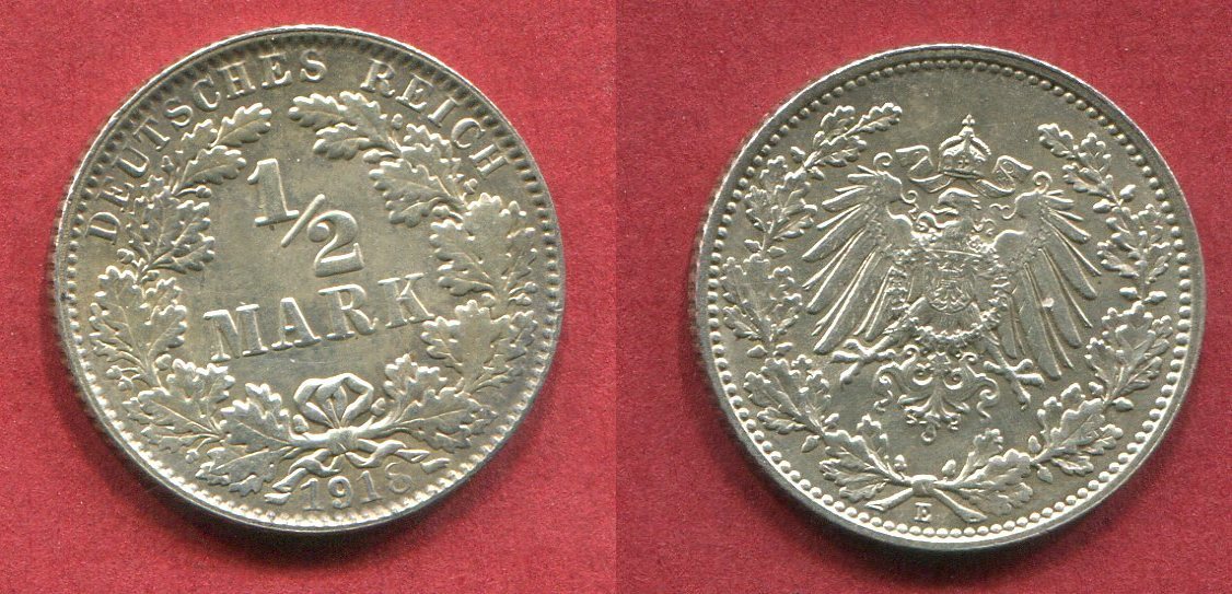 Kaiserreich Germany Deutschland 1/2 Mark Silbermünze 1918 E Variante offene 8 Open 8 variety vz ...