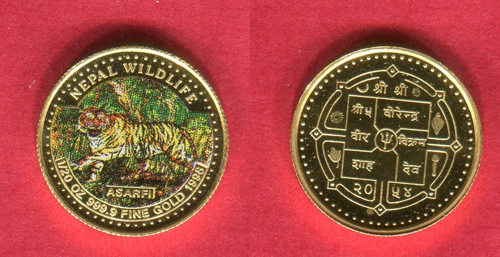 Asarfi Goldmünze 1/20 Unze 1998 Nepal Wildlife - Tiger Polierte Platte ...
