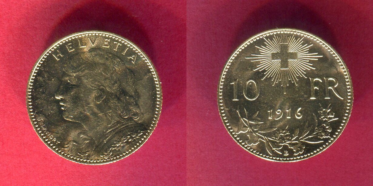 Schweiz, Switzerland 10 Franken Vreneli Typ Gold 1916 Vreneli Typ stgl. in Kapsel | MA-Shops