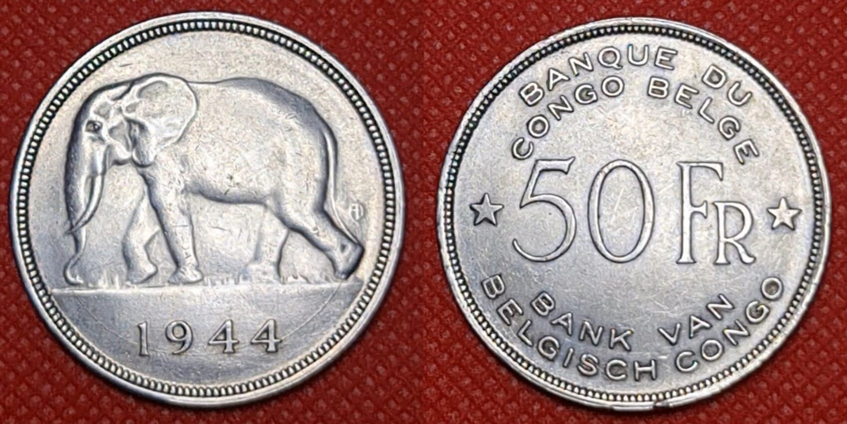 Belgisch Kongo Zaire Dem. Rep. Congo 50 Francs 1944 Elephant Elefant Vz rev. Kl. Rdf. | MA-Shops