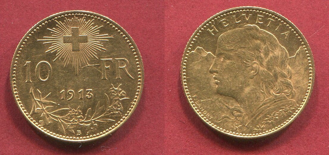 Schweiz, Switzerland 10 Franken Gold 1913 Vreneli Typ vz-prfr | MA-Shops