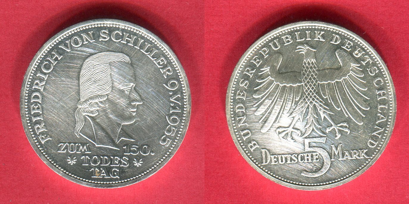 Deutschland 5 DM Gedenkmünze 1955 F 150. Todestag von Friedrich von Schiller ss-vz berieben in ...