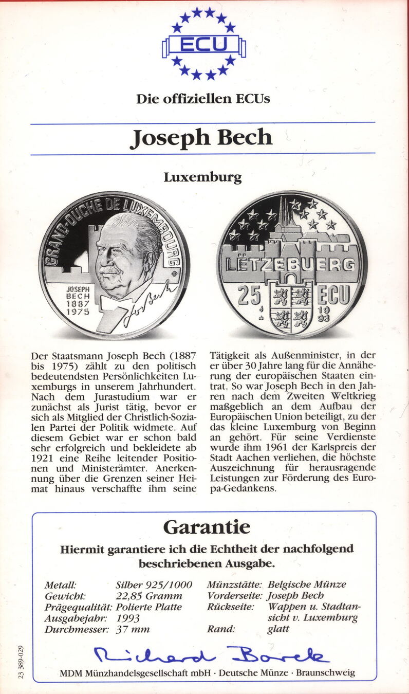 Luxemburg 25 ECU 1993 Joseph Bech PP in Kapsel mit Zertifikat | MA-Shops
