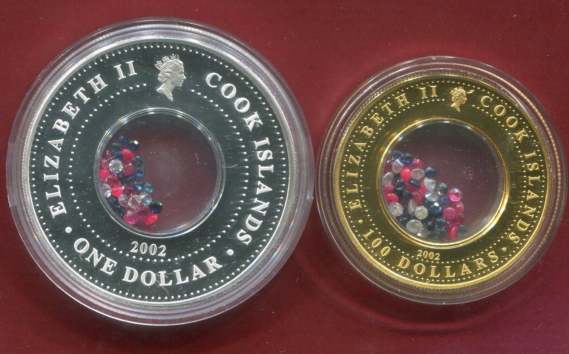 Cook Islands, Cook Inseln 100 + 1 Dollar Holey Dollar Juwelen Crown ...