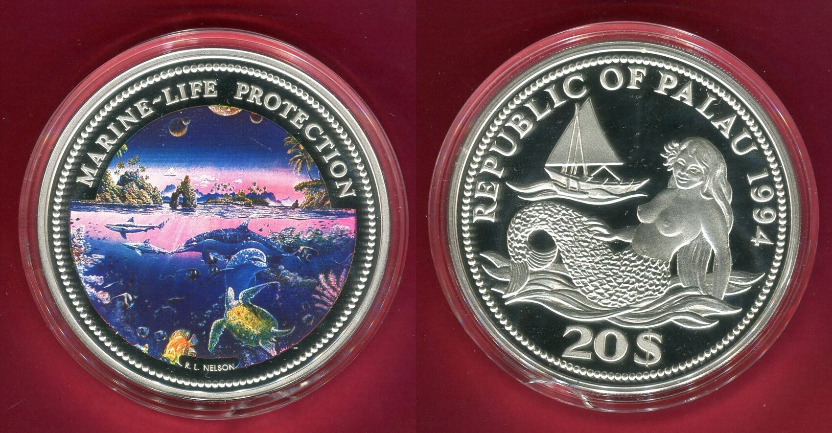 Palau 20 Dollar Silbermünze 5 Unzen Farbmünze 1994 Orca Haie Marine Life, Kapsel leicht ...