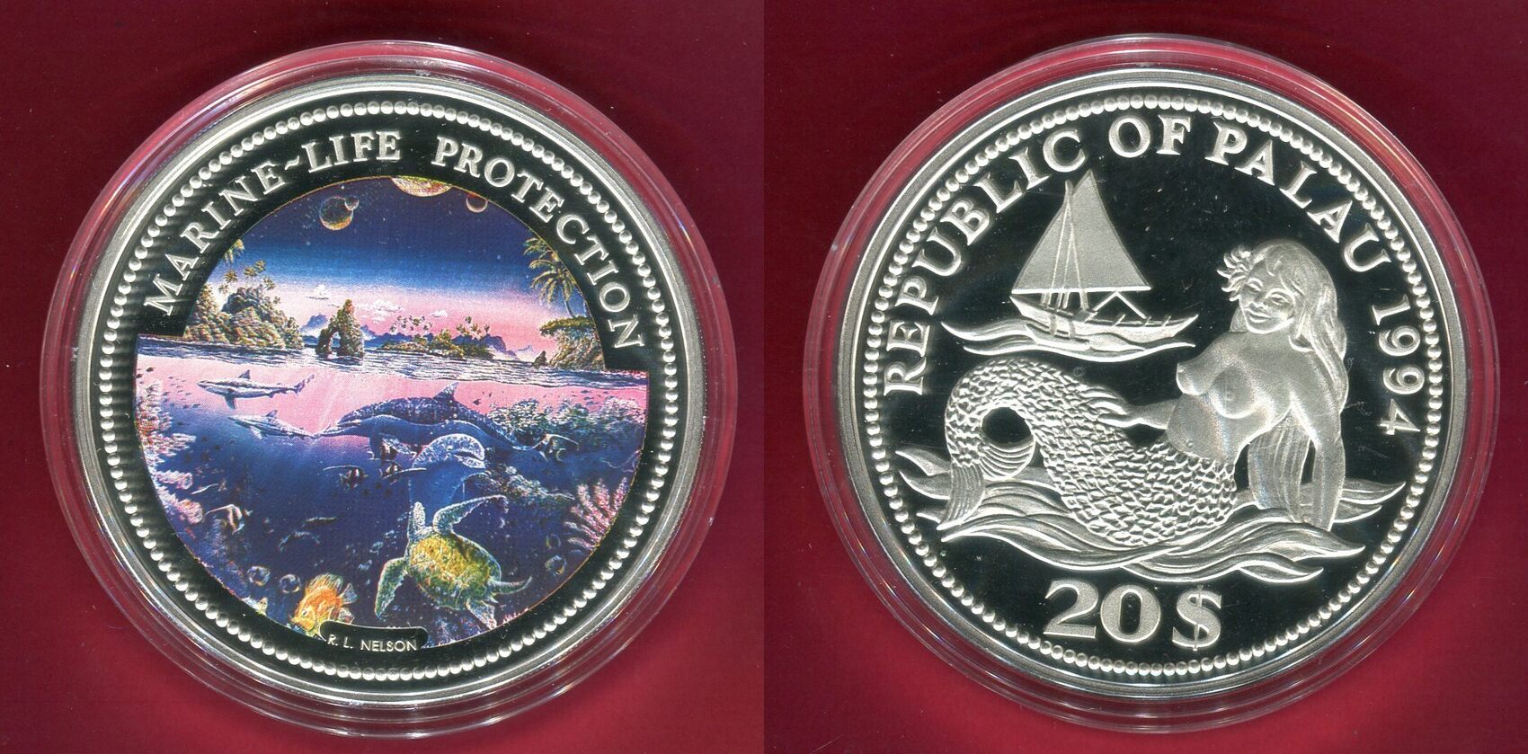 Palau 20 Dollar Silbermünze 5 Unzen Farbmünze 1994 Orca Haie Marine Life Protection Sea Turtle ...