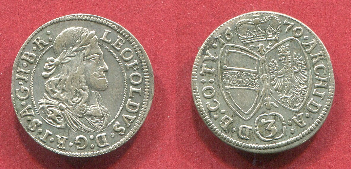 Österreich Haus Habsburg RDR Tirol 3 Kreuzer Groschen 1670 Leopold I. 1657-1705 Hogmouth vz-prfr ...