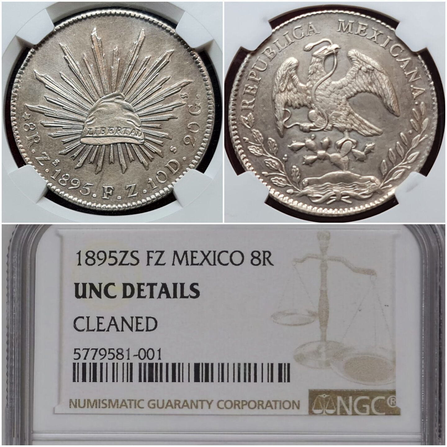 Mexico 8 Reales 1895 ZS FZ Zacatecas NGC UNC Details | MA-Shops
