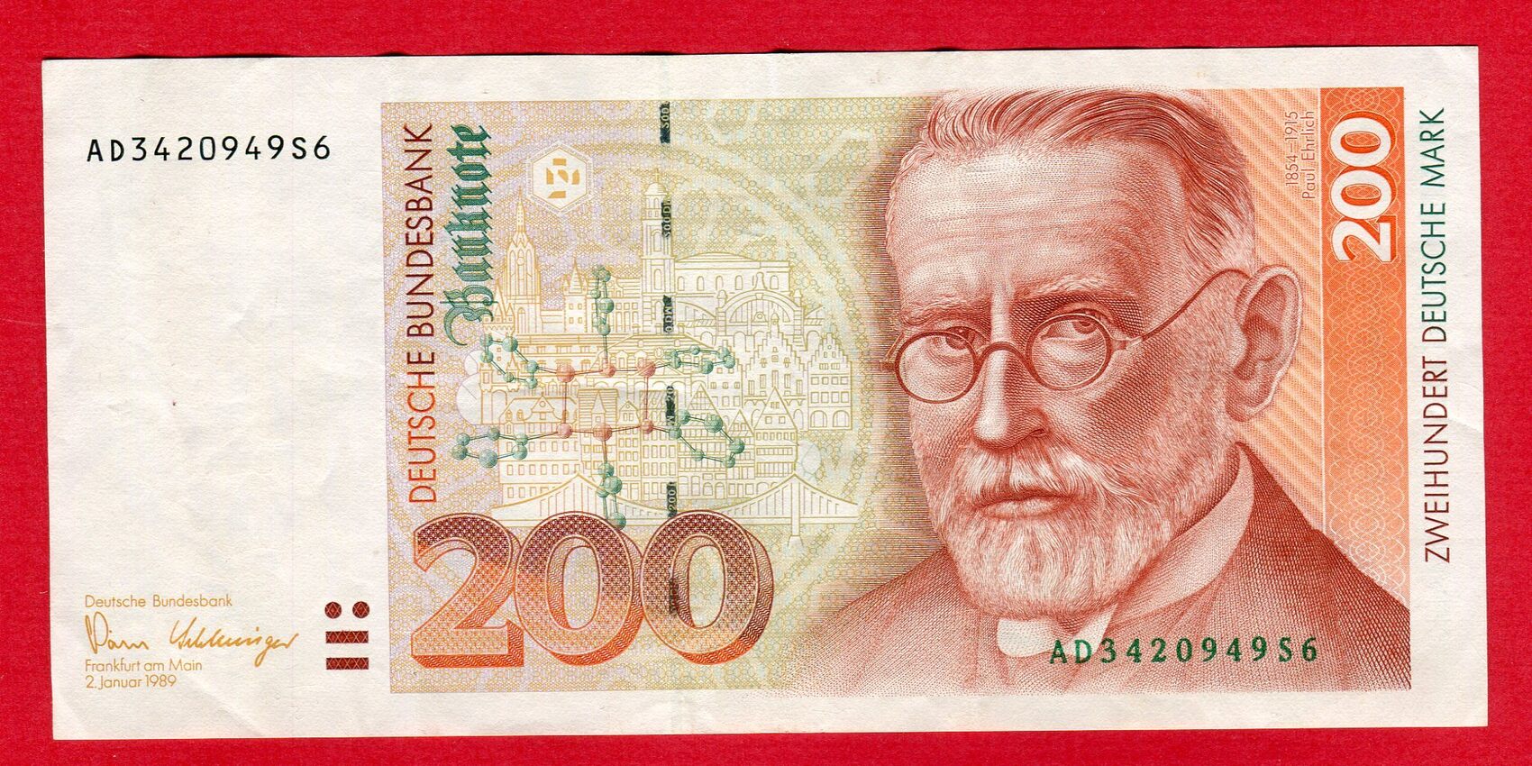 BRD, Deutsche Bundesbank 200 DM Deutsche Mark 1989 Paul Ehrlich 1854 ...