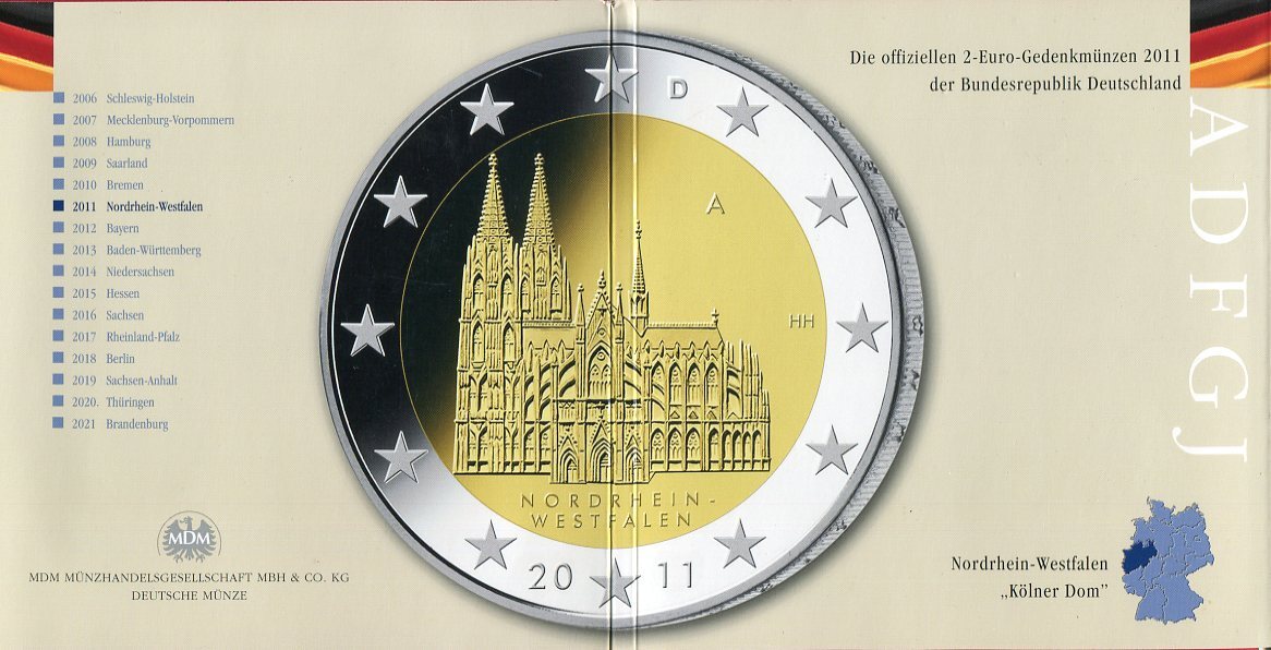 BRD 2 Euro Gedenkmünzen Satz ADFGJ 2011 5 x 2 € ADFGJ - Kölner Dom ...