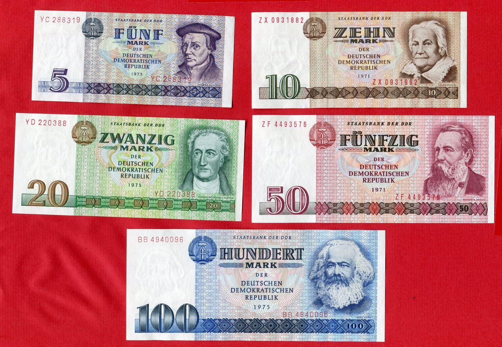 DDR GDR Eastern Germany 5 bis 100 Mark Satz 5 Scheine Banknoten 1971 / ...
