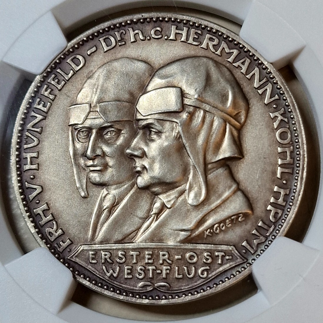 Germany Deutschland Karl Goetz Medaille SILVER Silbermedaille 1928-DATED Erster Ost West Flug ...