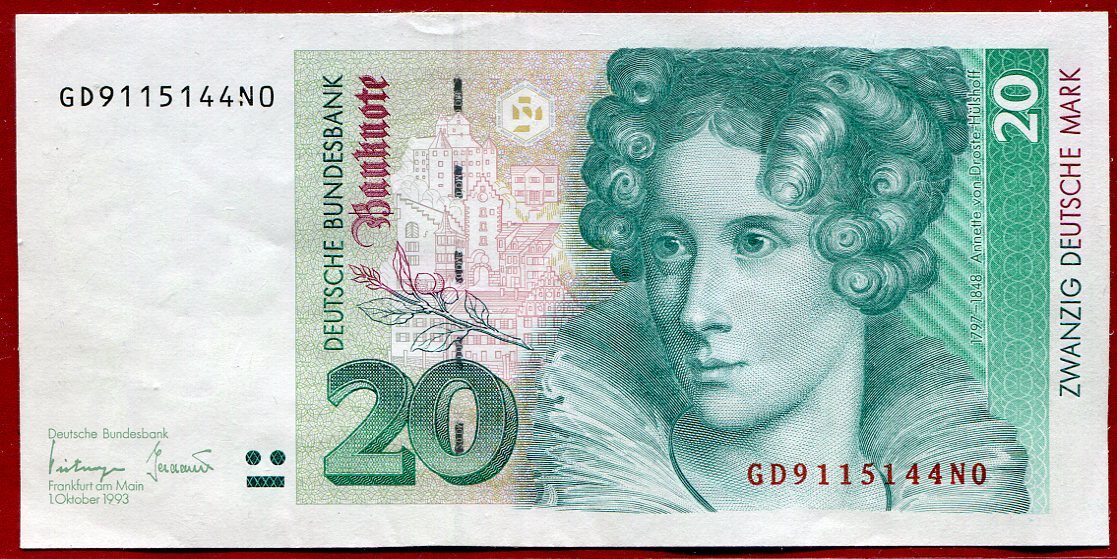 Western Germany FRG Bundesrepublik Deutschland 20 DM Banknote 1993 Anette von Droste Hülshoff ...
