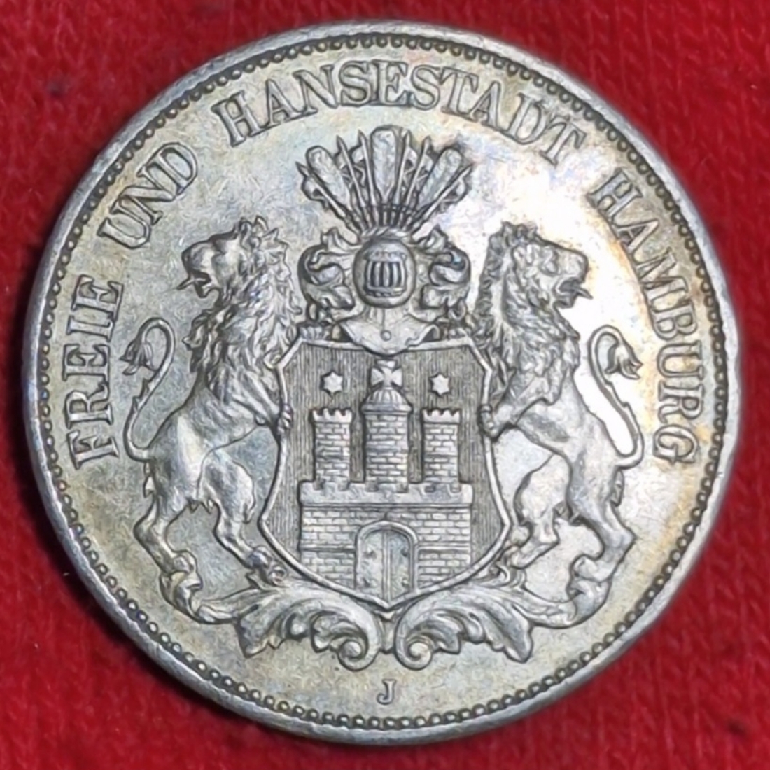 Hamburg 5 Mark Silbermünze 1913 Stadtwappen sehr attraktives Stück ...