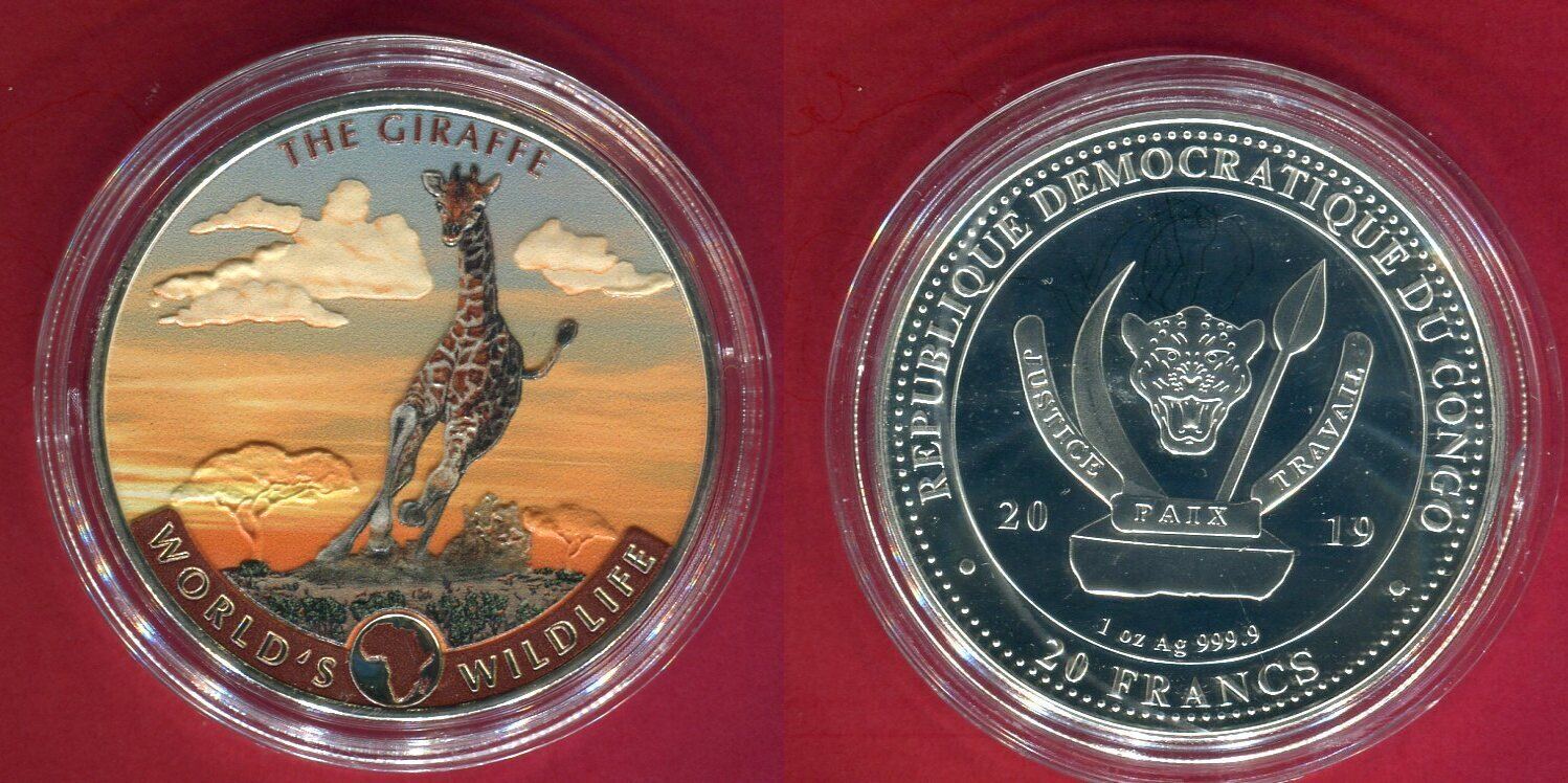 Demokratische Rep. Kongo 20 Francs Silbermünze mit Farbauflage 2019 ...