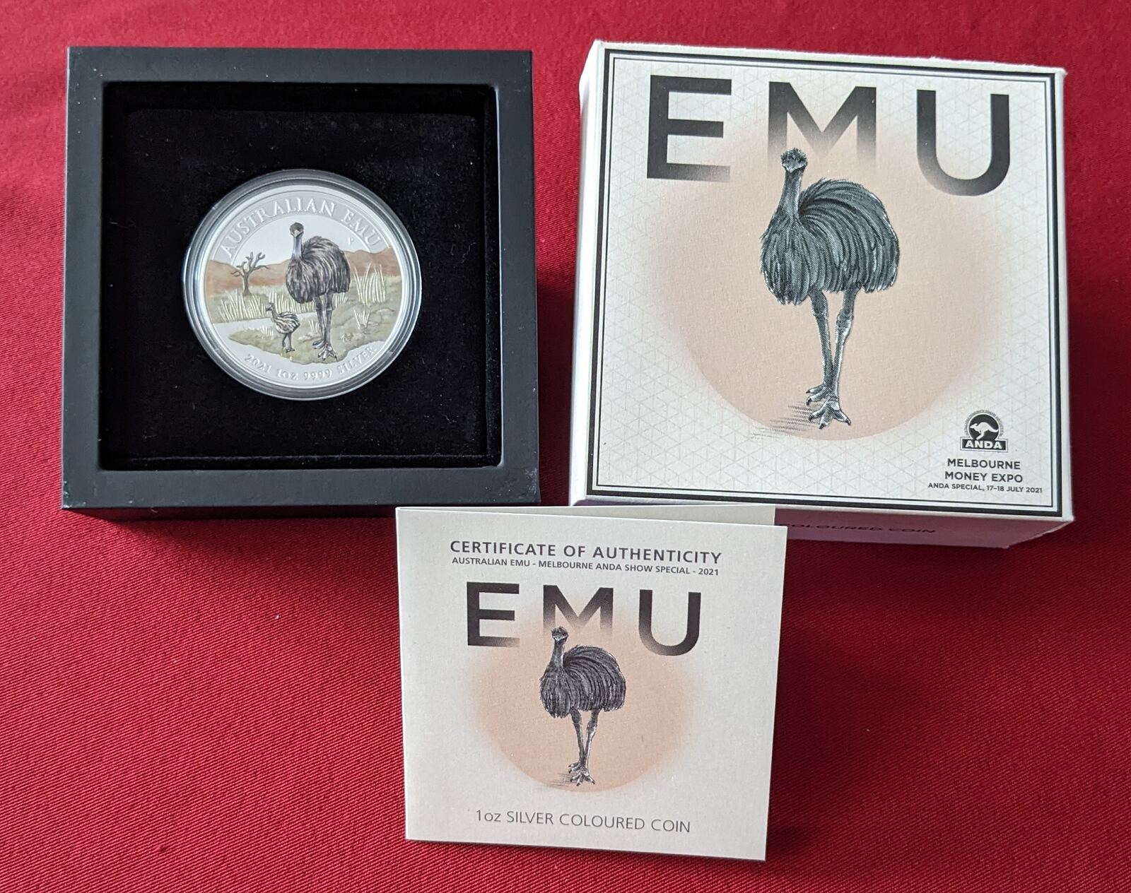 Australien 1 Dollar Silbermünze OVP 2021 Melbourne Money Expo - 1 oz Silver Coloured Emu - rare ...