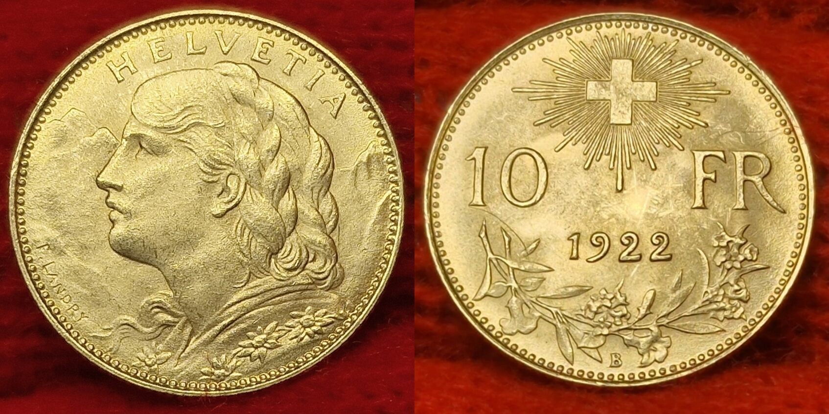 Schweiz, Switzerland 10 Franken Vreneli Typ Gold 1922 Vreneli Typ f. stgl. min Kontaktmarken ...