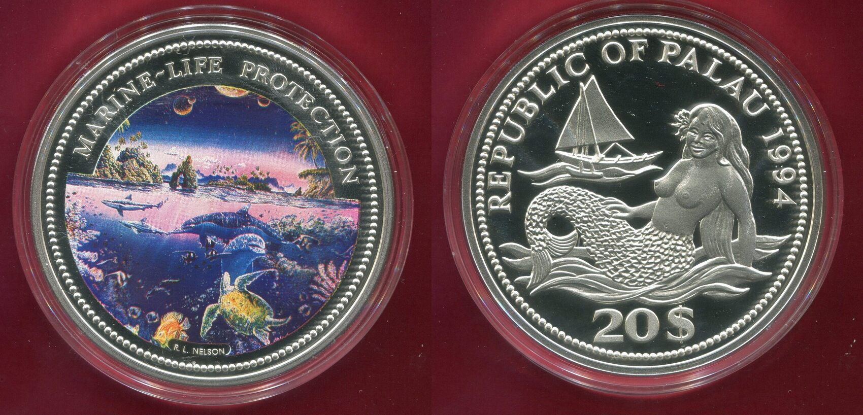 Palau 20 Dollar Silbermünze 5 Unzen Farbmünze 1994 Orca Haie Marine Life Protection Sea Turtle ...