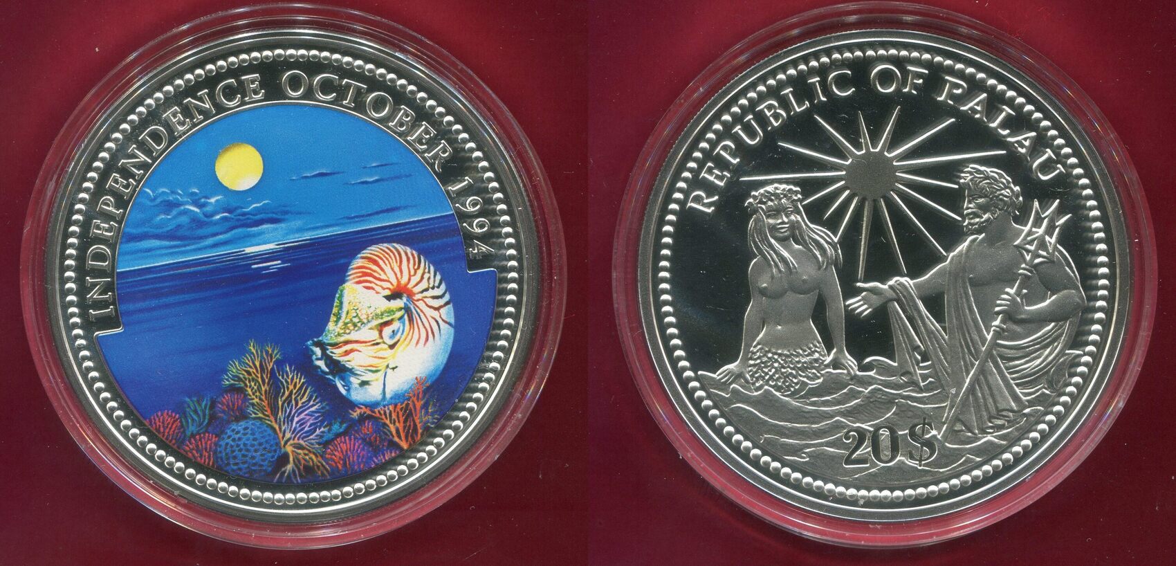 Palau 20 Dollar Silbermünze 5 Unzen Farbmünze 1994 Independence October Nautilus Marine Life ...