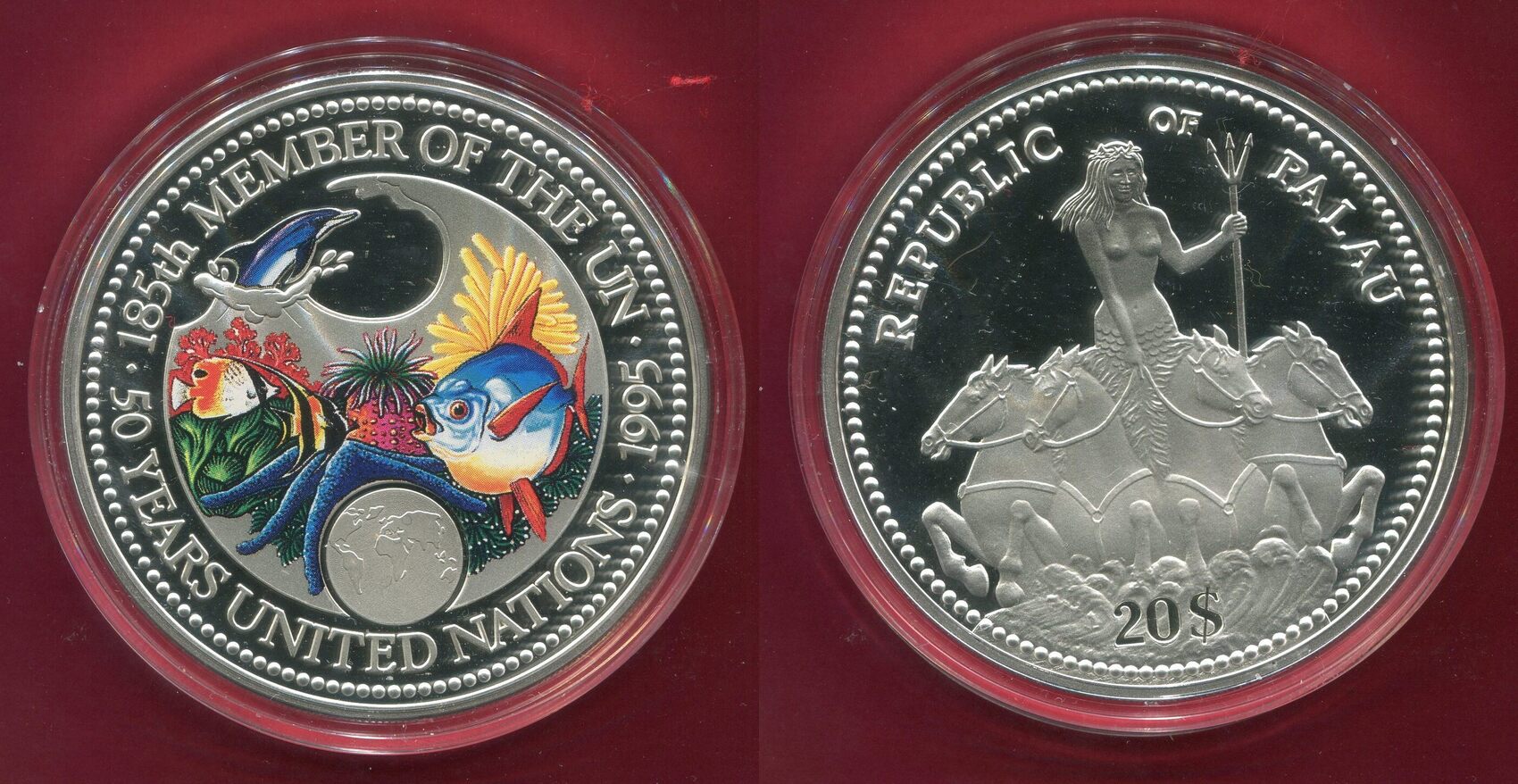 Palau 20 Dollar Silbermünze 5 Unzen Farbmünze 1994 50 Jahre UNO UN 185th Member Marine Life ...