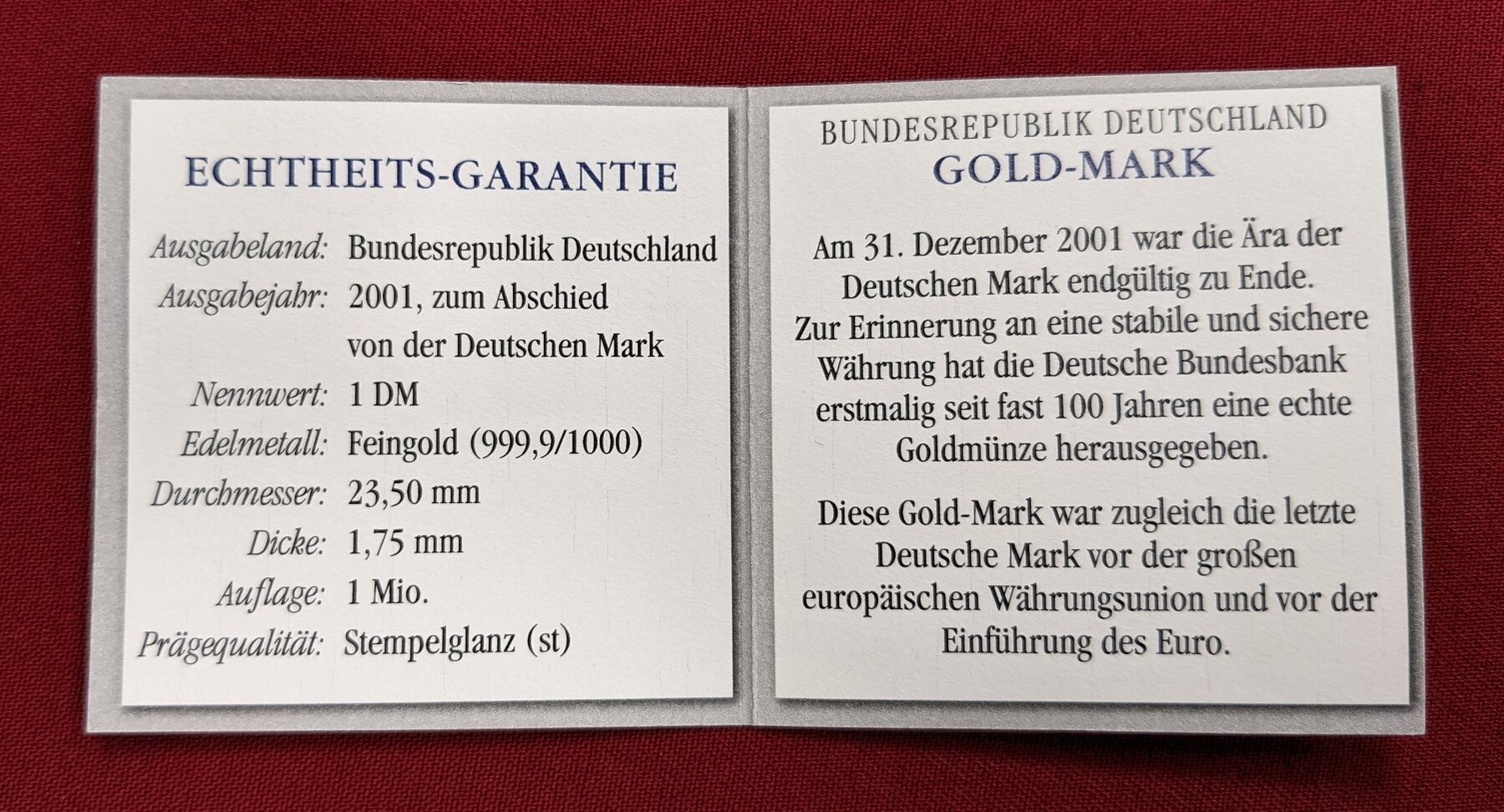 Bundesrepublik Deutschland, FRG 1 DM Goldmark 2001 J Abschied von der ...