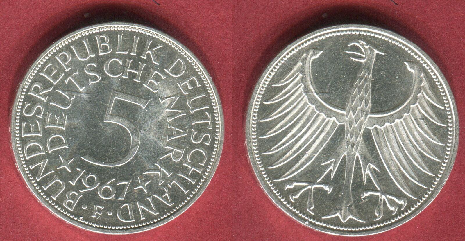 Bundesrepublik Deutschland 5 DM Silber Kursmünze 1967 J Silberadler f. Stempelglanz | MA-Shops