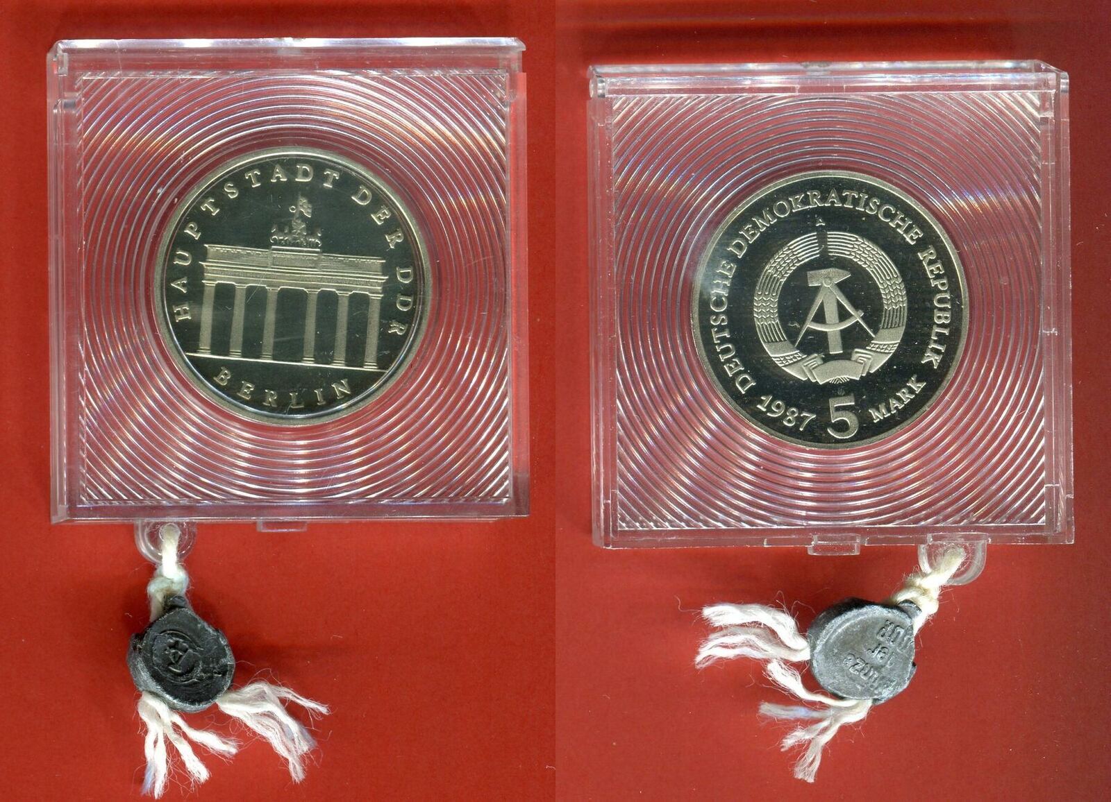 DDR 5 Mark Gedenkmünze 1987 Brandenburger Tor Polierte Platte verplombt ...