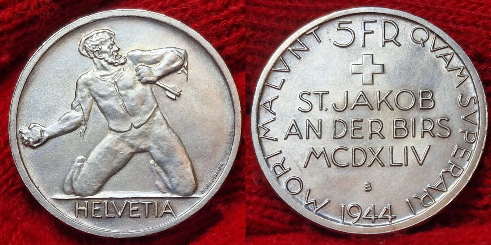 Schweiz Switzerland 5 Franken Liber 1944 500 Jahre Schlacht bei Sankt Jakob f. Stgl. | MA-Shops