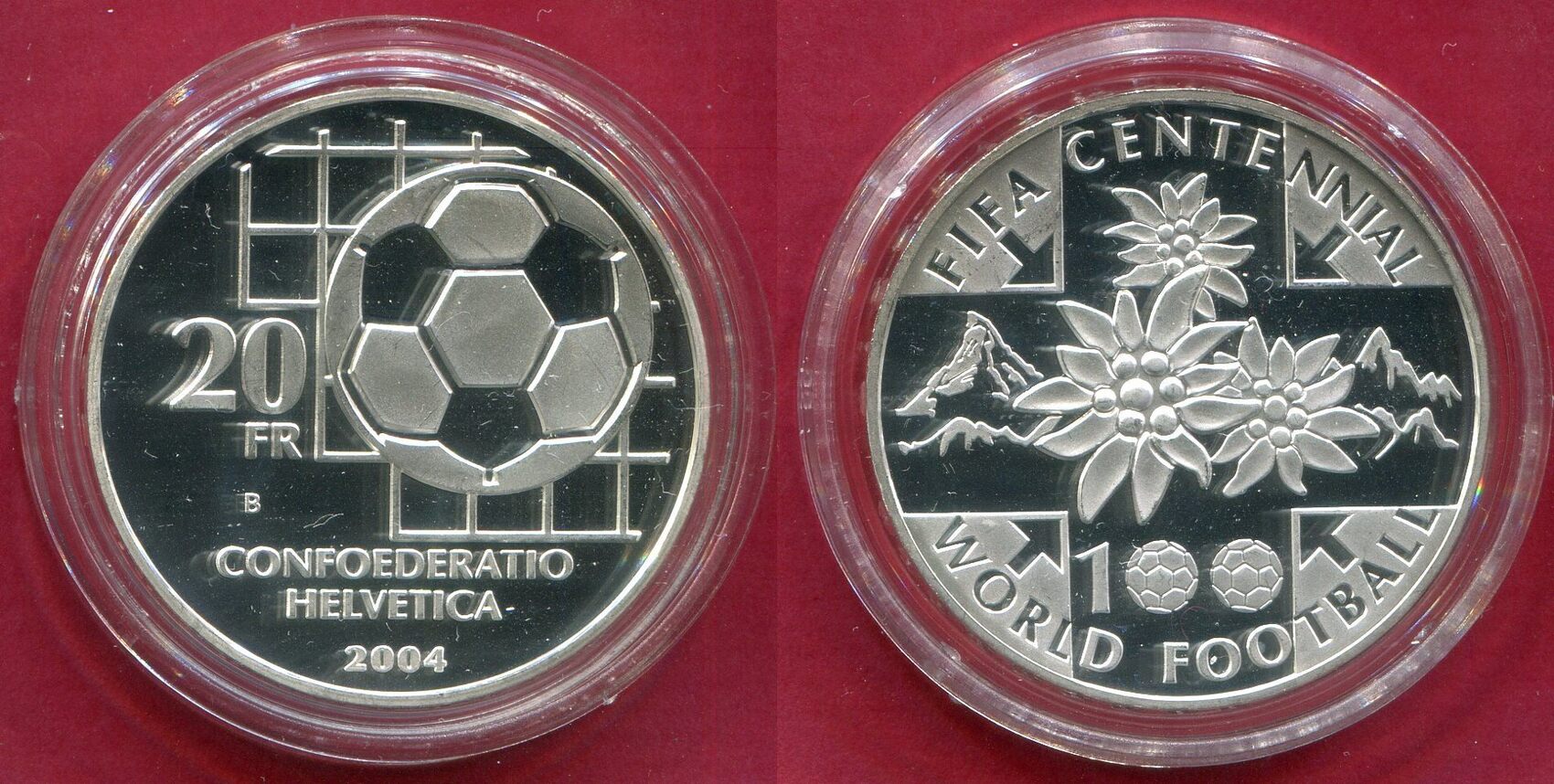 Schweiz Switzerland 20 Franken Silbermünze 2004 100 Jahre FIFA Centennial PP in Kapsel | MA-Shops