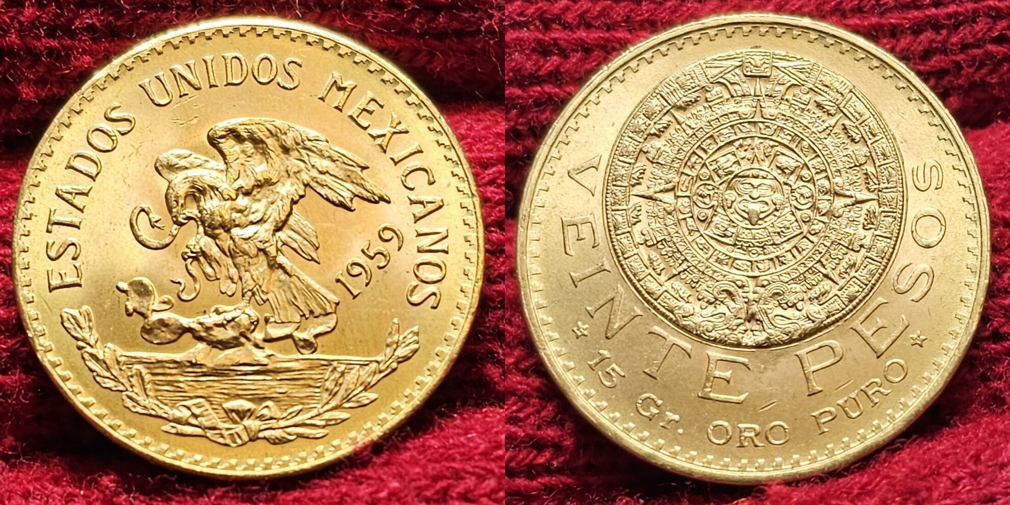 Mexico 20 Pesos Gold 1959 Aztec Calendar Piedra del Sol with value in ...