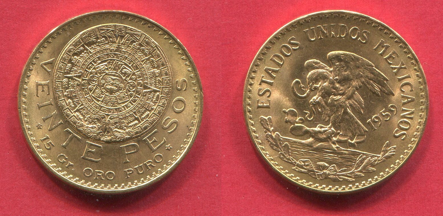 Mexico 20 Pesos Gold 1959 Aztec Calendar Piedra del Sol with value in ...