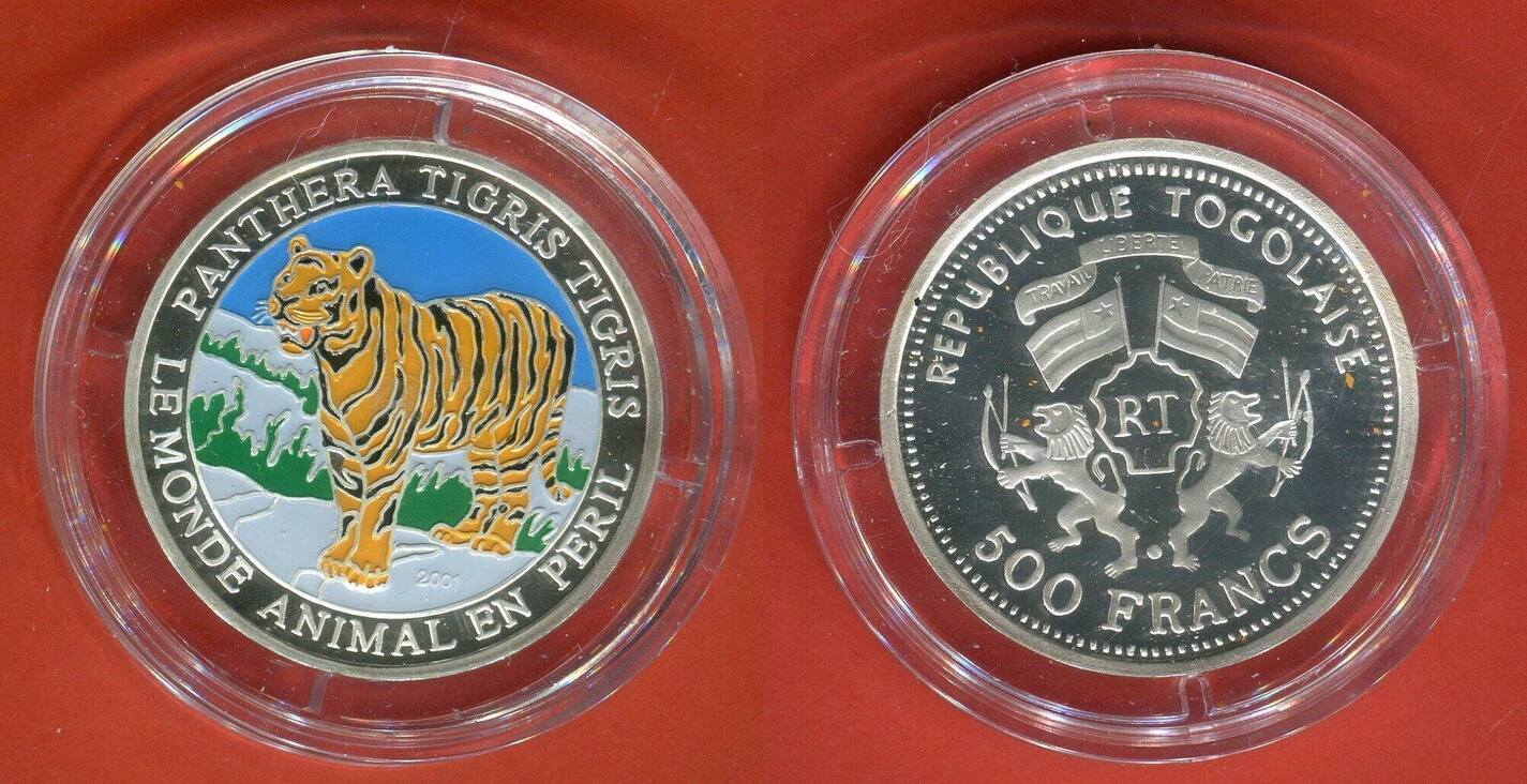 Togo 500 Francs Silbermünze 2001 Gefährdete Tiere - Tiger Polierte ...