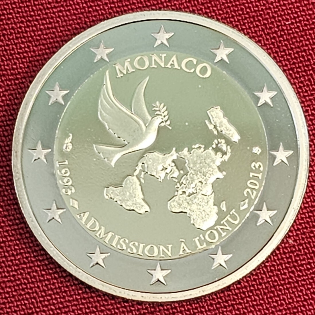 Monaco 2 Euro Gedenkmünze 2013 20 Jahre UN UNO Beitritt L`admission a L`ONU Polierte Platte mit ...