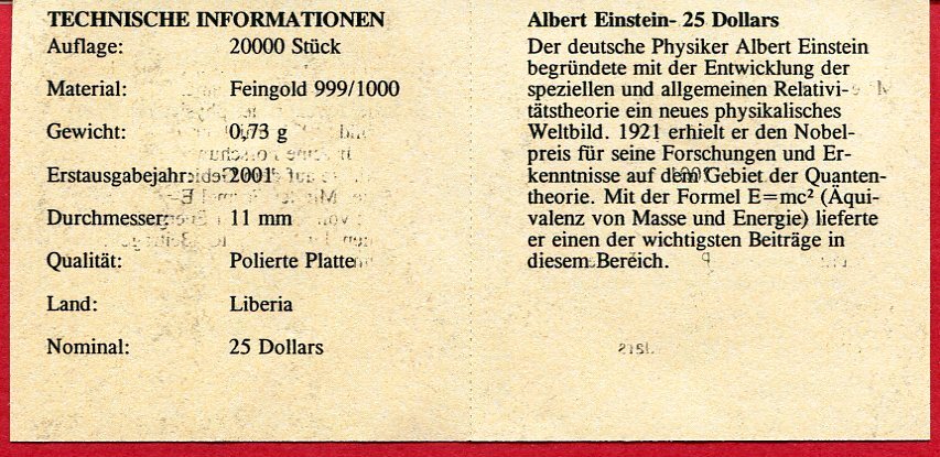 Liberia 25 Dollars Minigoldmünze 2001 Albert Einstein PP in Kapsel mit ...