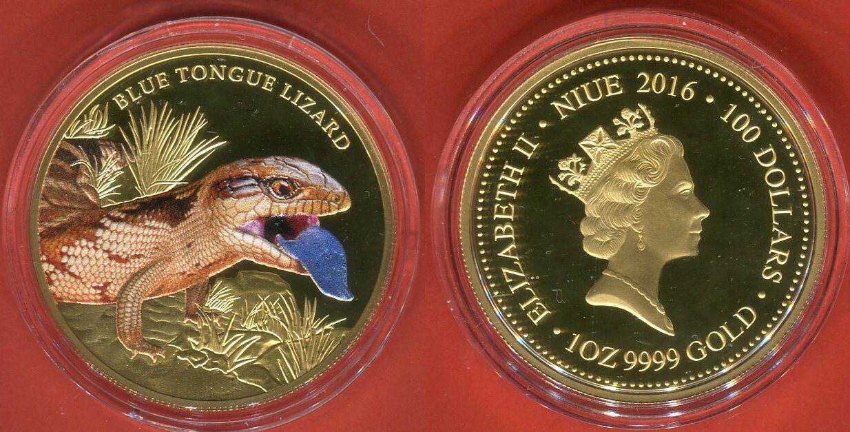 Niue Islands Inseln 100 Dollars 1 Unze Ounce Gold 2016 Blue Tongue ...