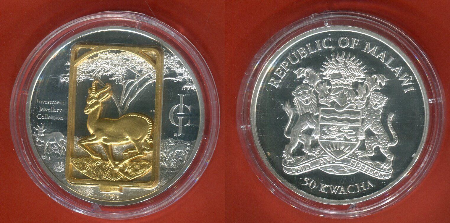 Malawi 50 Kwacha Skulpturmünze teilvergoldet 2008 Investment Jewellery ...