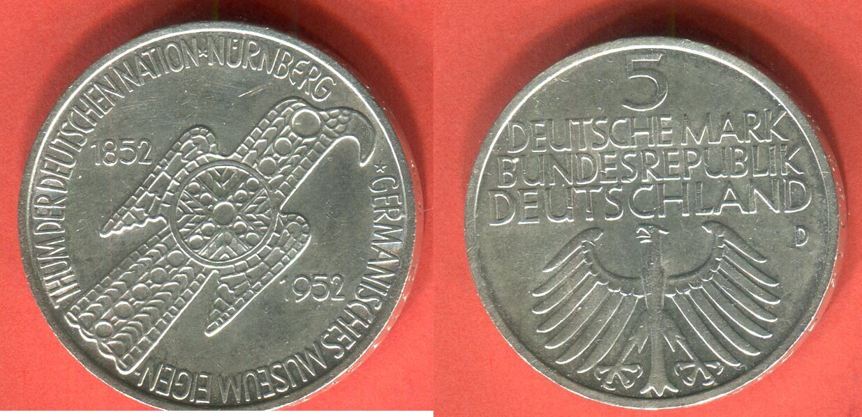 Bundesrepublik Deutschland, Germany FRG 5 DM 1952 D Germanisches Museum in Nürnberg Adlerfibel ...