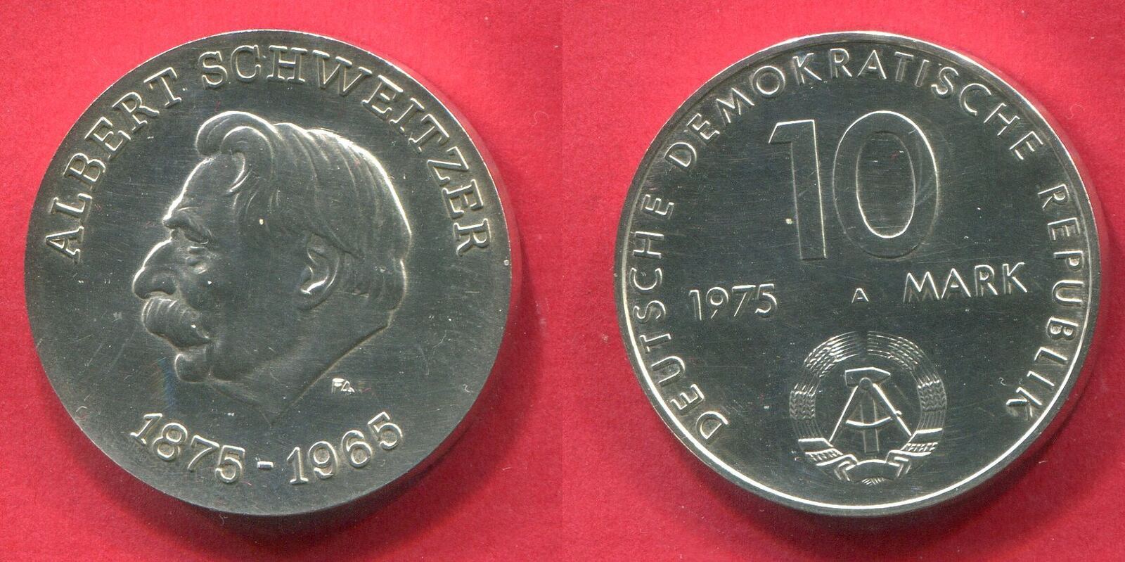 DDR 10 Mark Silber 1975 Gedenkmünze 100. Geburtstag Albert Schweitzer ...