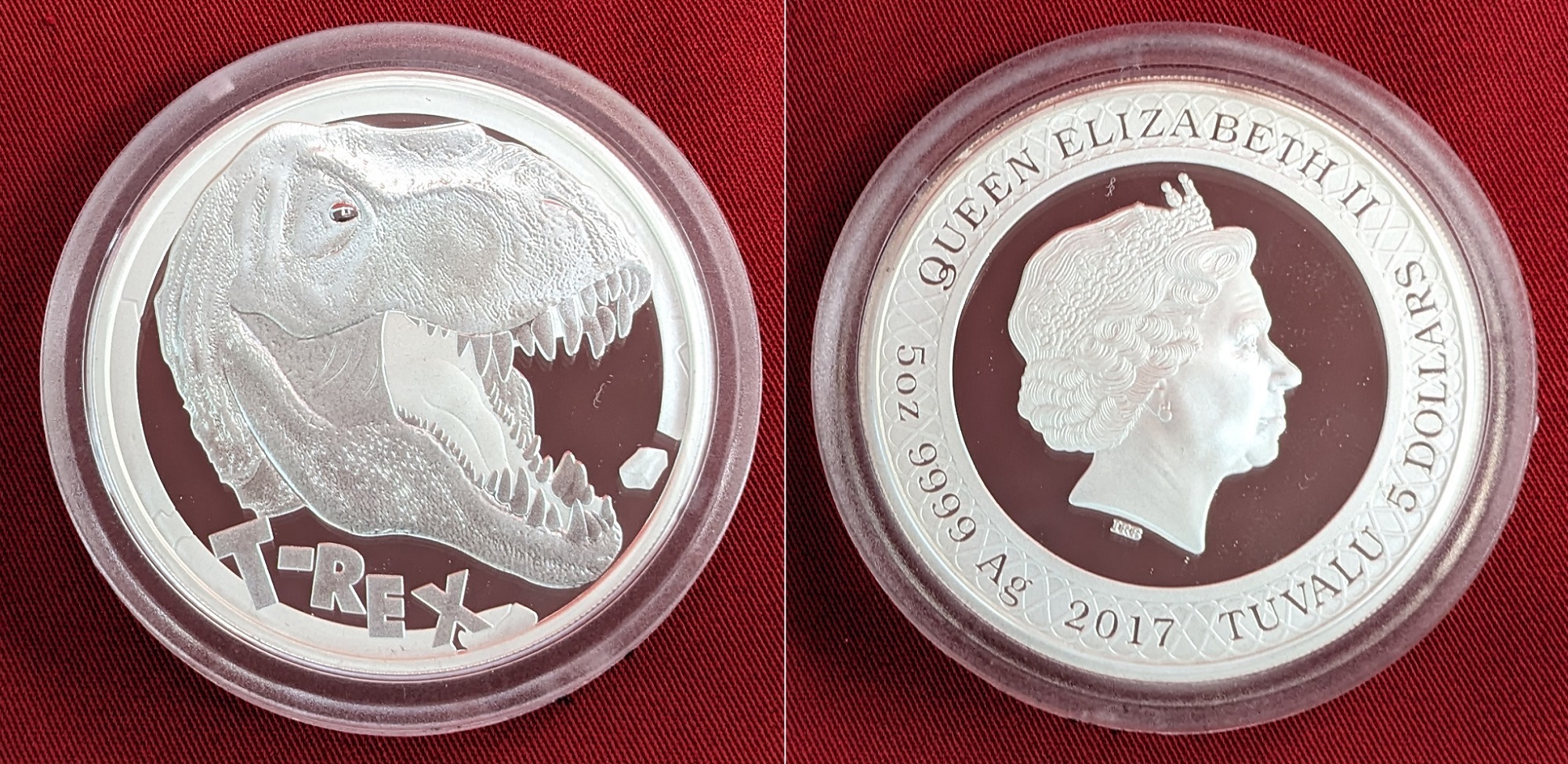 Tuvalu 5 Dollar Silbermünze - 5 oz Silver Proof Coin 2017 T-Rex - Tyrannosaurus Rex ...