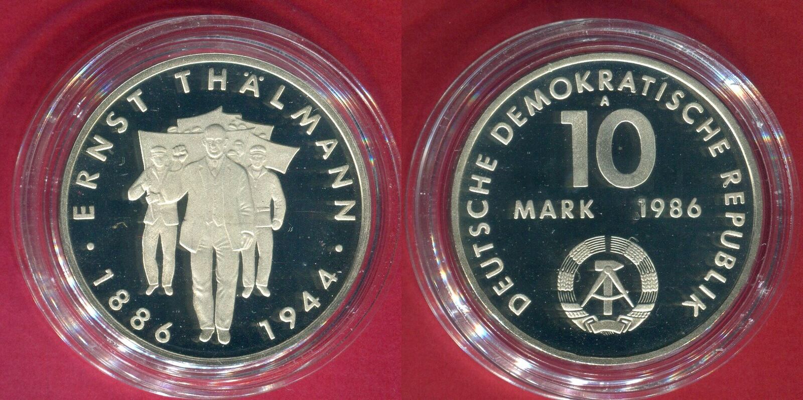 DDR 10 Mark Gedenkmünze 1986 Ernst Thälmann Polierte Platte in Kapsel ...