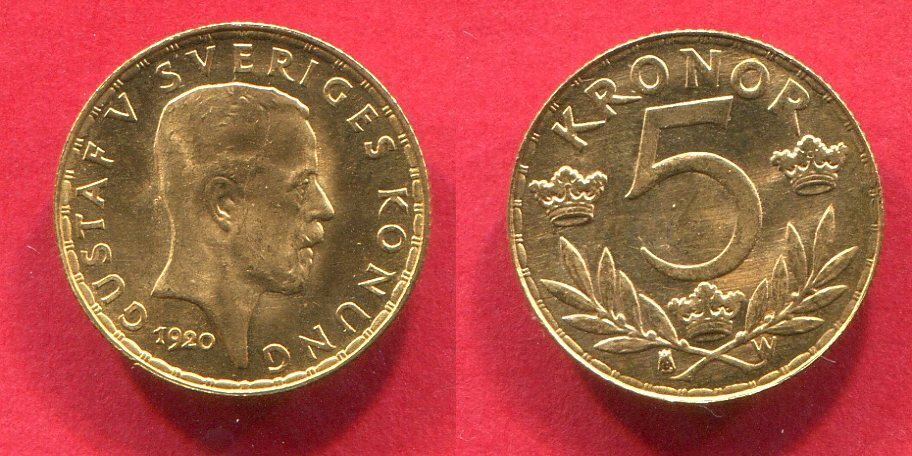Schweden, Sweden 5 Kroner Gold 1920 Gustav V. f. Stgl | MA-Shops