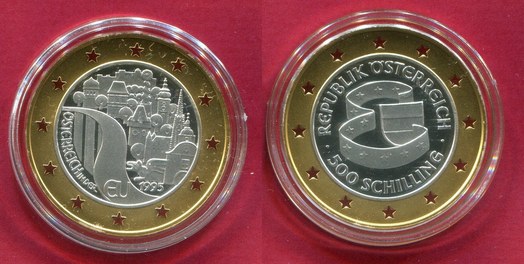 Österreich Austria 500 Schilling 1995 EU Beitritt Bimetall Silber 4,7 g polierte Platte in ...