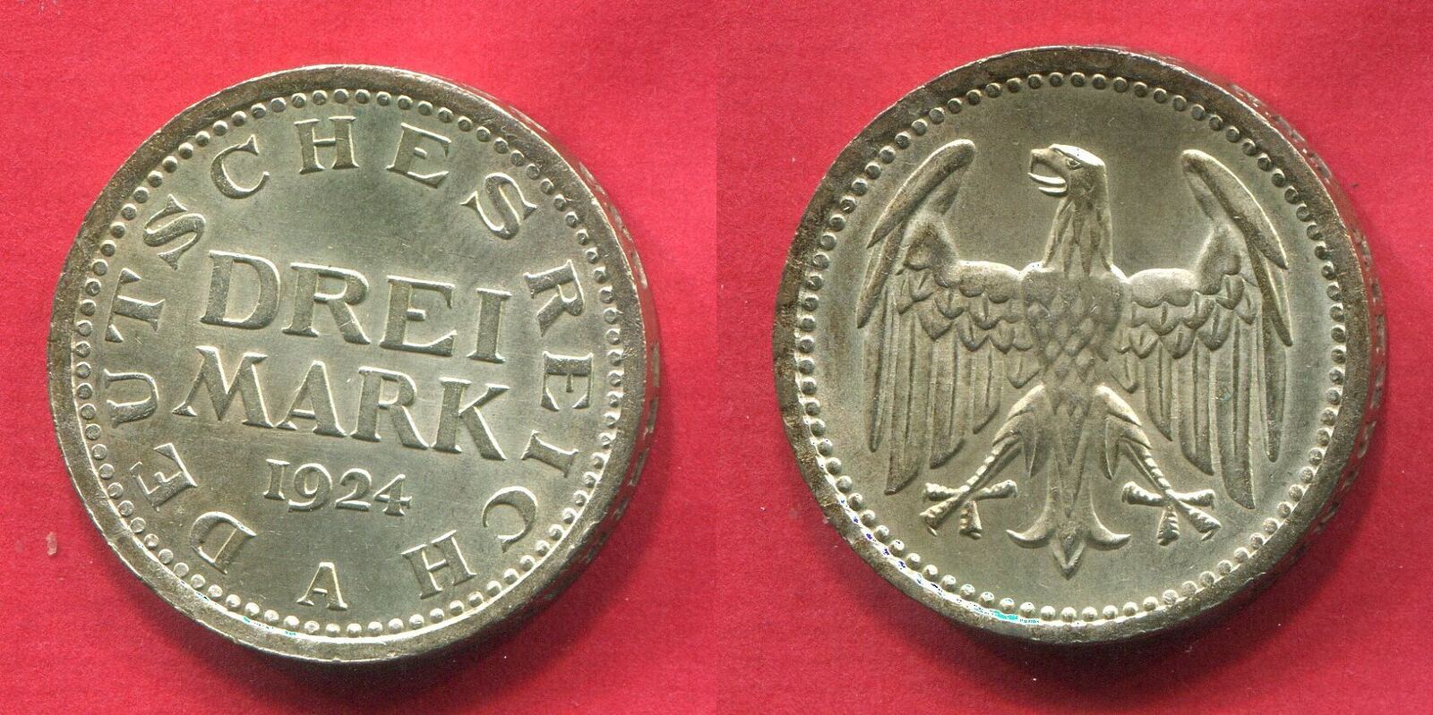 Weimarer Republik Deutsches Reich 3 Mark Silber Kursmünze 1924 A Kursmünze Drei ausgeschrieben ...