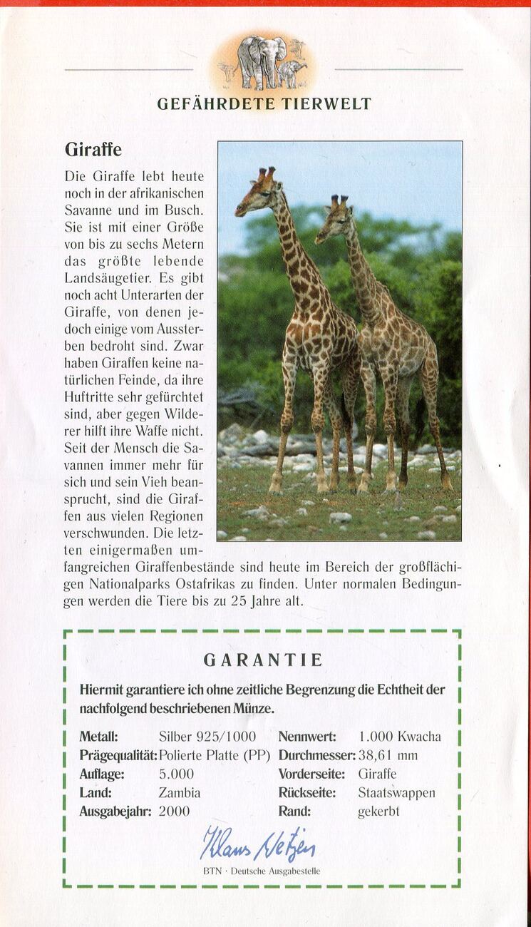 Zambia 1000 Kwacha 2000 Gefährdete Tierwelt - Giraffe PP in Kapsel mit ...