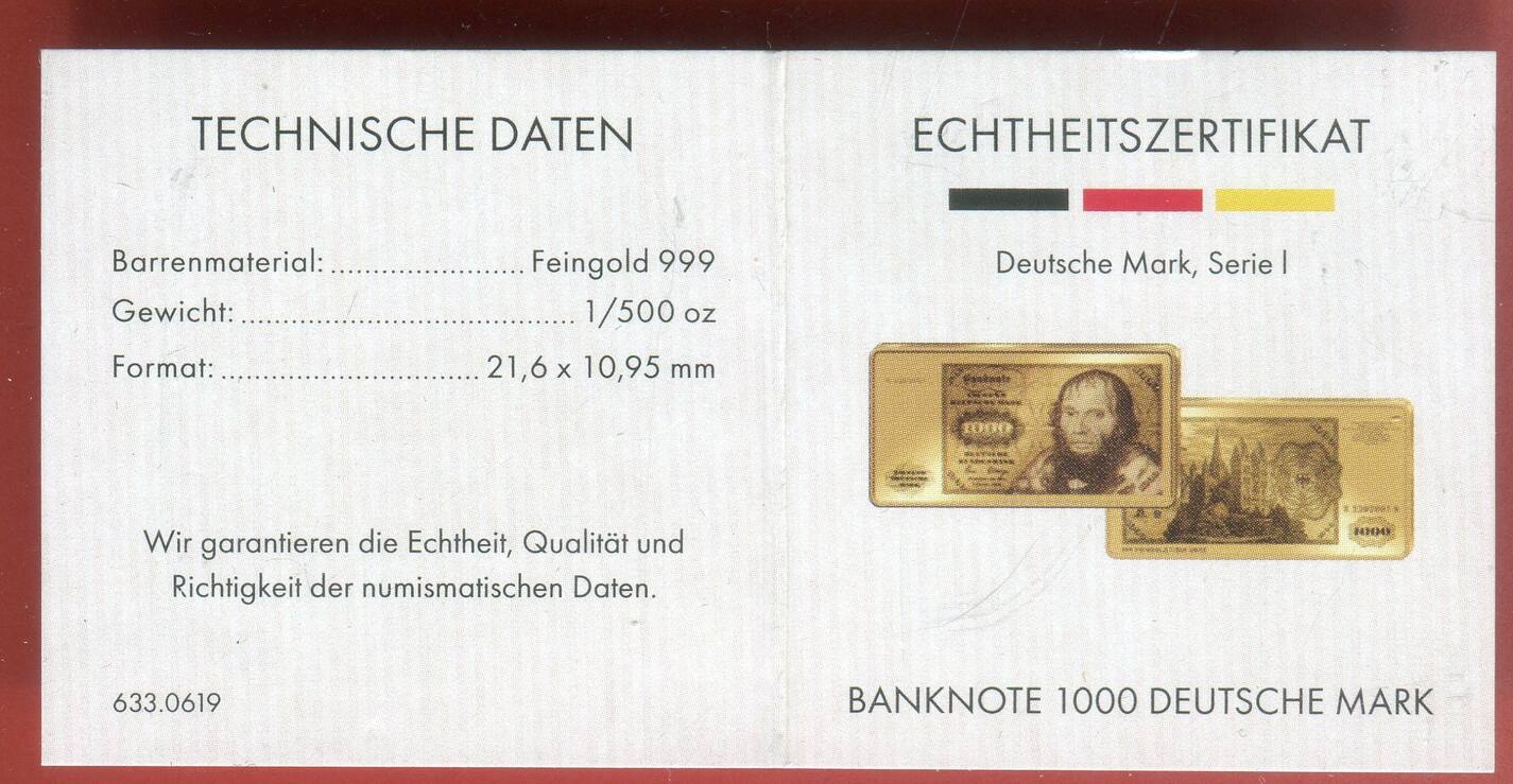 Deutschland 1/500 Unze Gold 1000 DM Banknote - Deutsche Mark ...