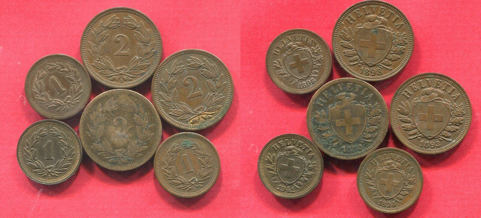 Schweiz Switzerland Lot 3 x 1 und 3 x 2 Rappen Div. ab 1850 1 R 1894 98, 1941, 2 Rappen 1850 ...