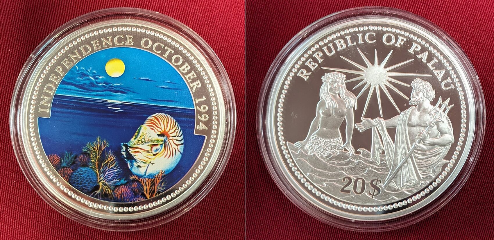Palau 20 Dollar Silbermünze - 5 oz Silver Proof Coin 1994 Independence October Nautilus Marine ...